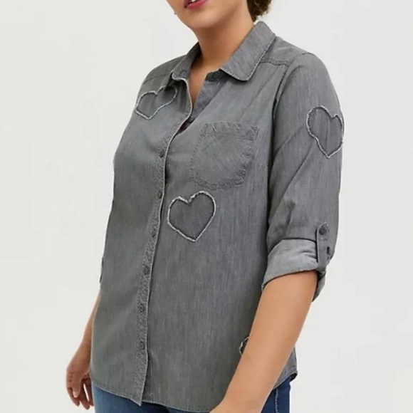 torrid | Tops | Torrid Taylor Dark Grey Denim Heart Button Up | Poshmark